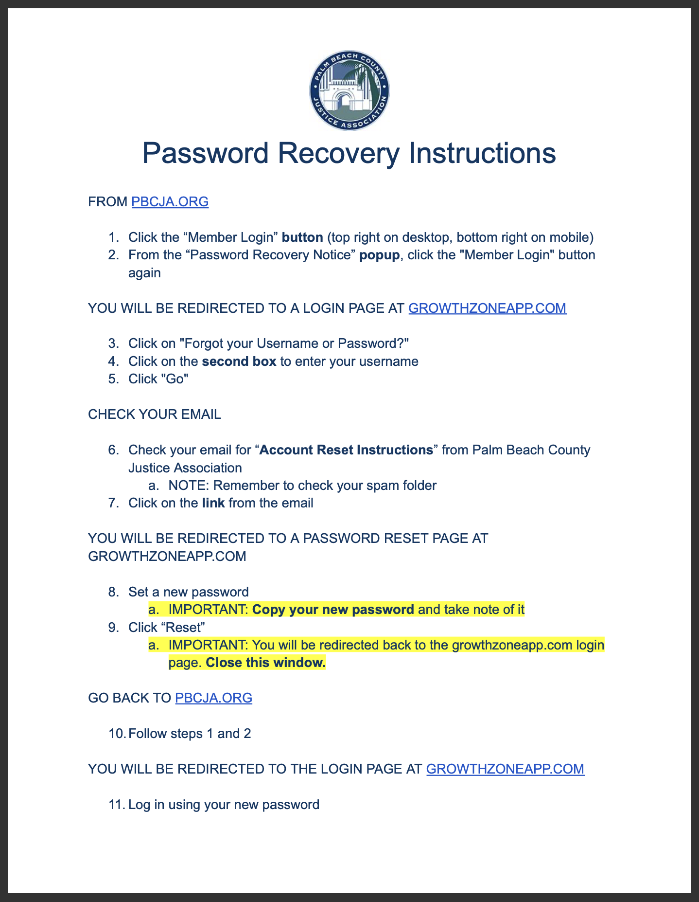 Password Recovery Instructions | PBCJA